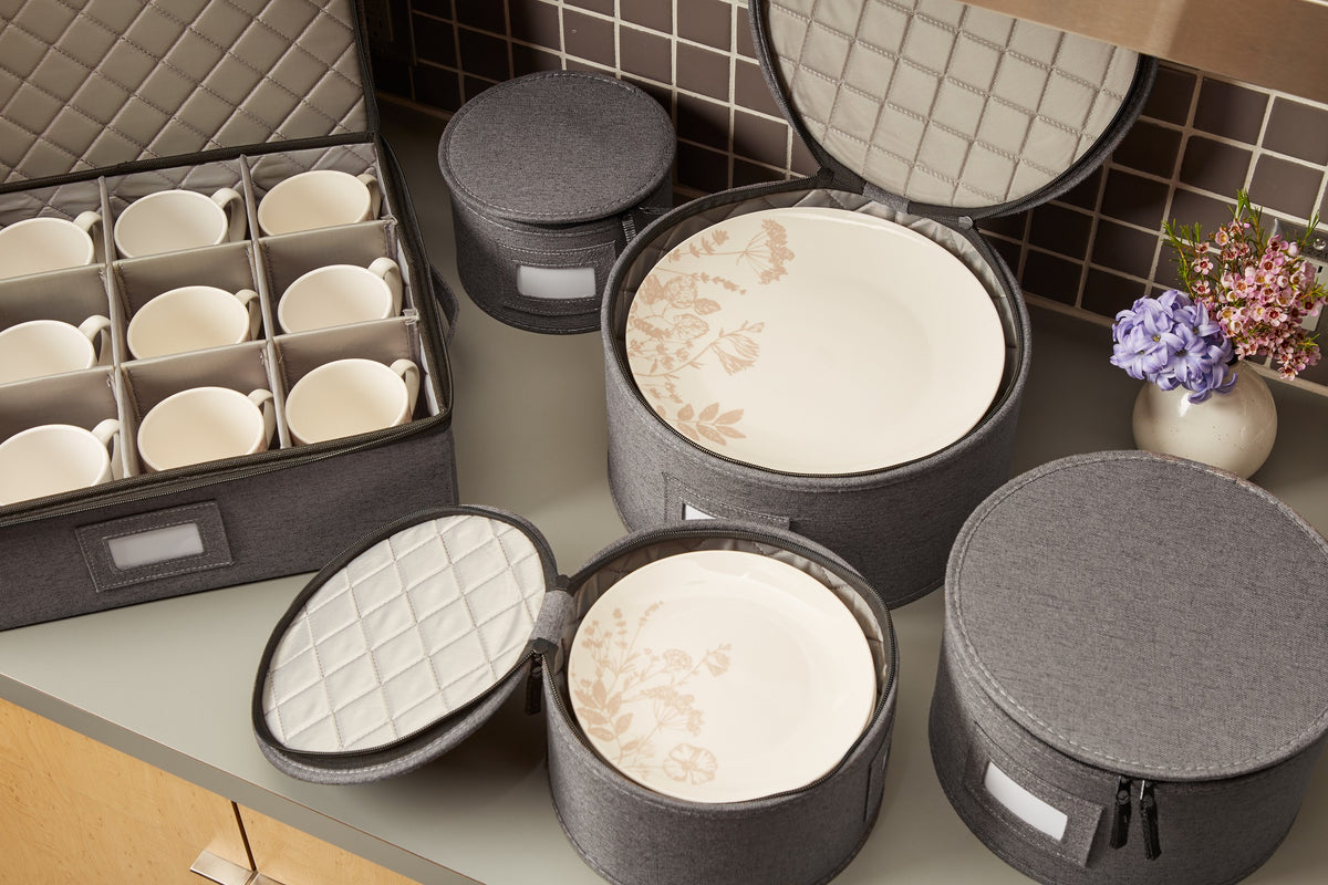 Dinnerware Plate and Cup Storage Set – 5 Piece, Quilted, Grey — StorageLAB